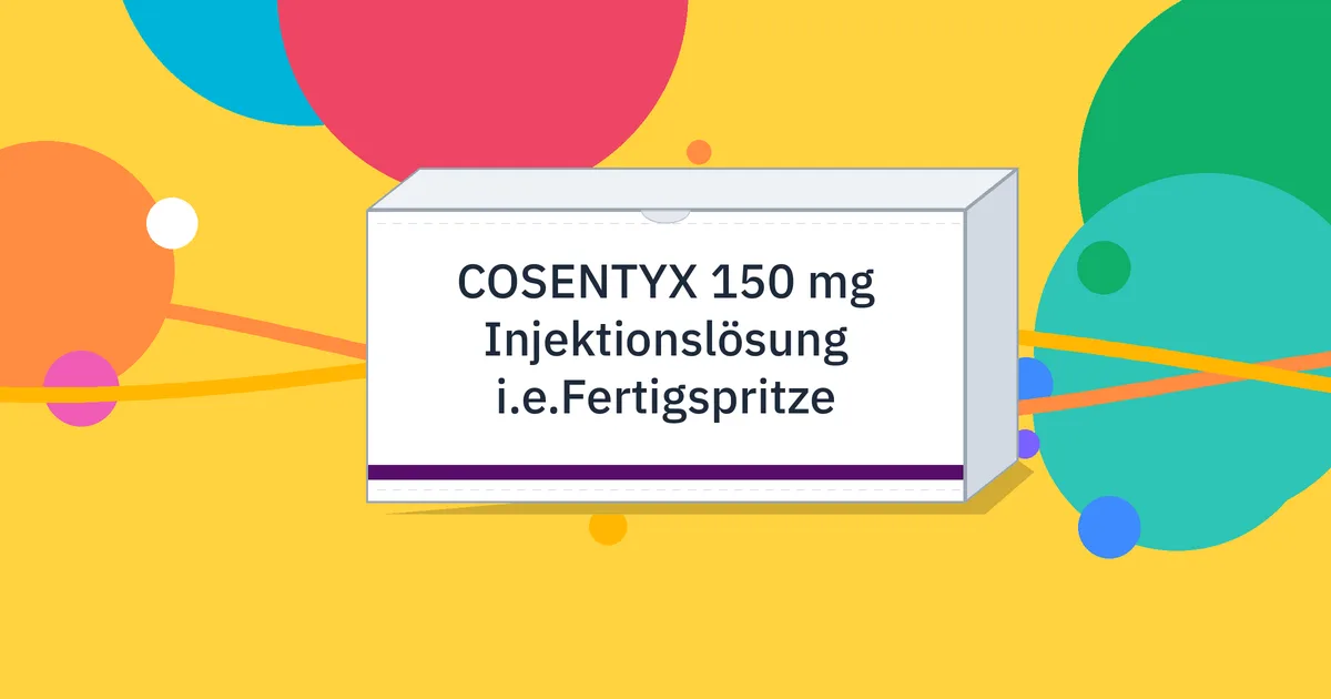Symbolbild: Packung mit der Aufschrift COSENTYX 150 mg Injektionslösung i.e.Fertigspritze (PZN 11869563) – Verfügbarkeit und Bezug in Apotheken in Frankfurt am Main