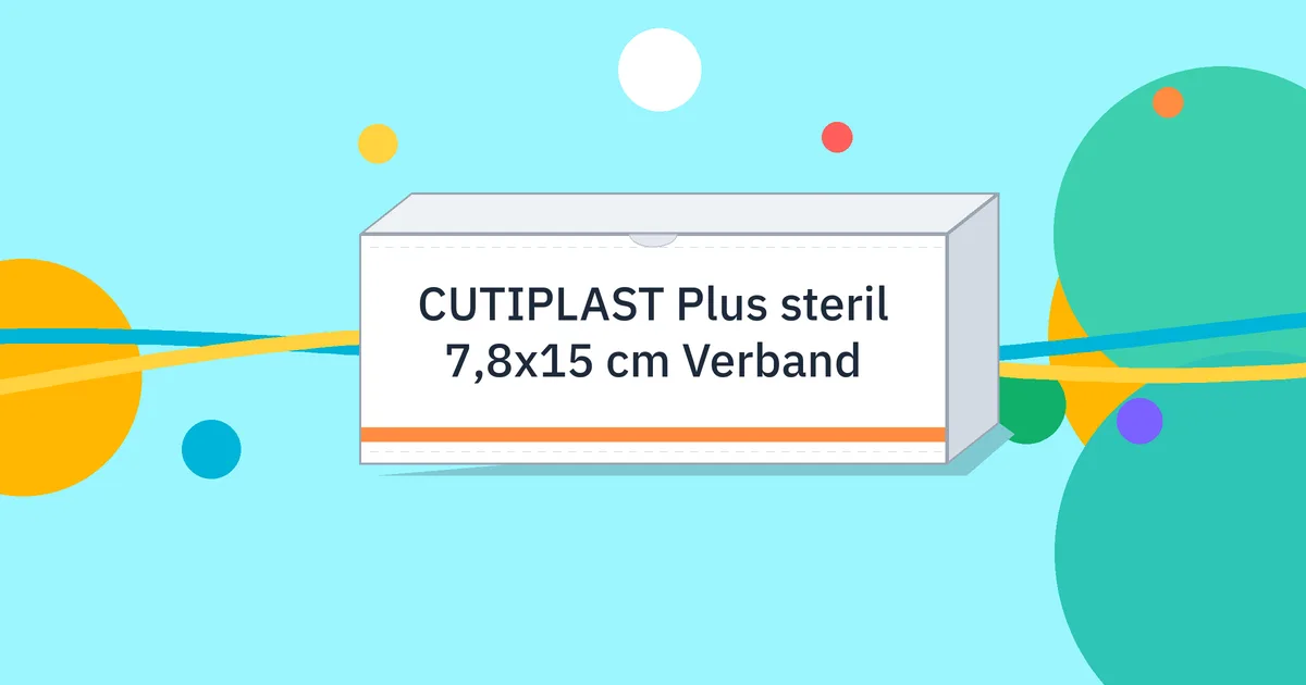 Symbolbild: Packung mit der Aufschrift CUTIPLAST Plus steril 7,8x15 cm Verband (PZN 17447596) – Verfügbarkeit und Bezug in Apotheken in Frankfurt am Main