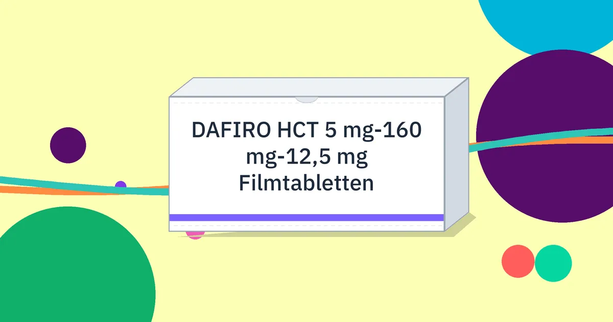 Symbolbild: Packung mit der Aufschrift DAFIRO HCT 5 mg-160 mg-12,5 mg Filmtabletten (PZN 10822861) – Verfügbarkeit und Bezug in Apotheken in Frankfurt am Main