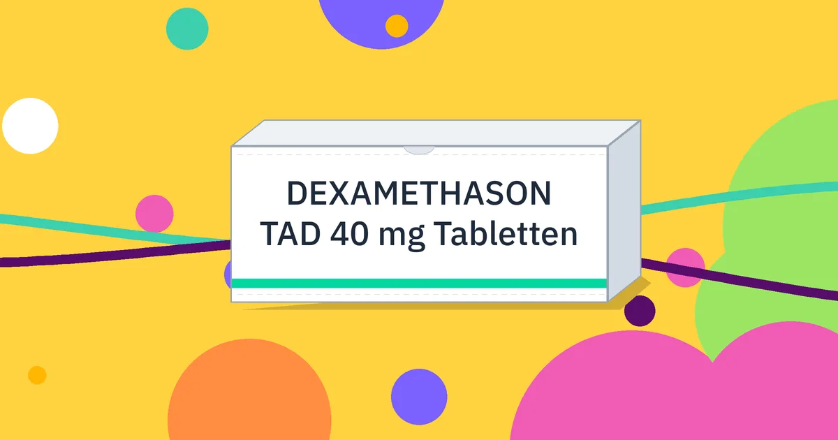 Symbolbild: Packung mit der Aufschrift DEXAMETHASON TAD 40 mg Tabletten (PZN 13721965) – Verfügbarkeit und Bezug in Apotheken in Frankfurt am Main