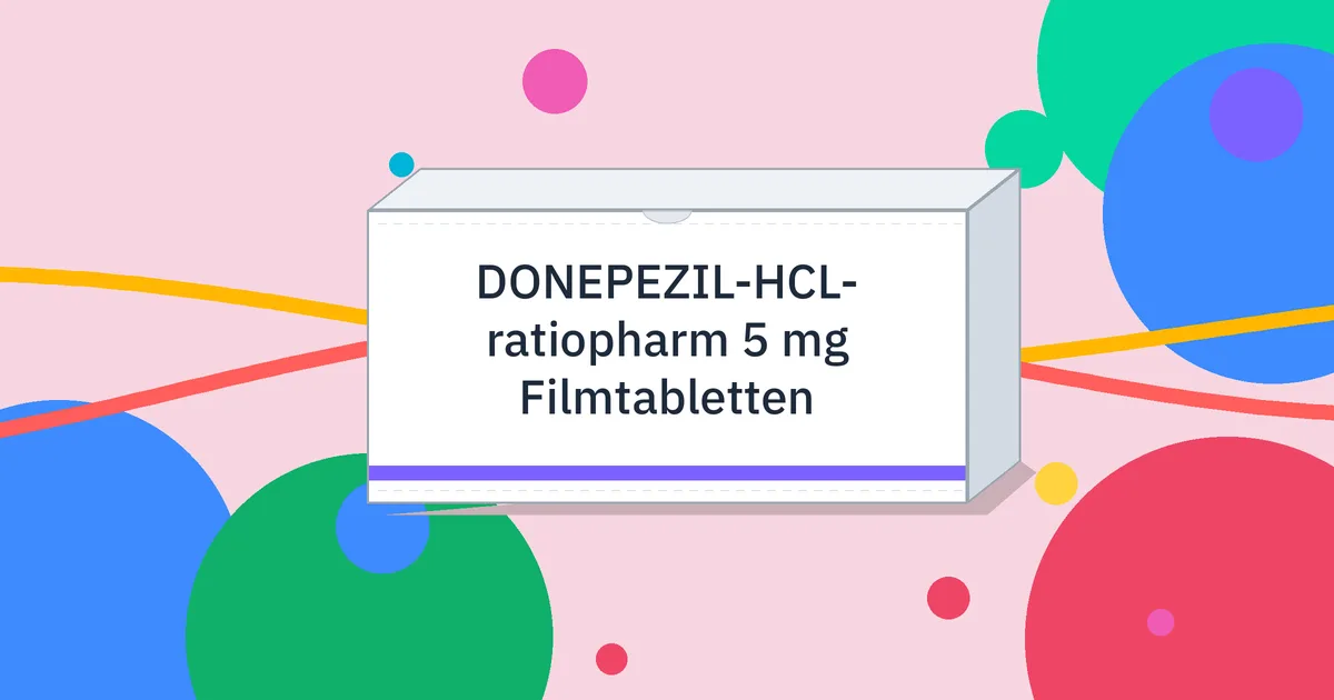 Symbolbild: Packung mit der Aufschrift DONEPEZIL-HCL-ratiopharm 5 mg Filmtabletten (PZN 08885587) – Verfügbarkeit und Bezug in Apotheken in Frankfurt am Main