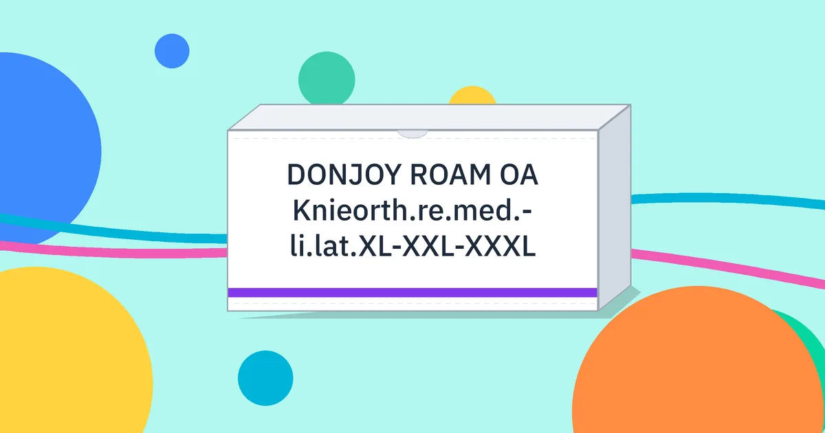Symbolbild: Packung mit der Aufschrift DONJOY ROAM OA Knieorth.re.med.-li.lat.XL-XXL-XXXL (PZN 19378356) – Verfügbarkeit und Bezug in Apotheken in Frankfurt am Main