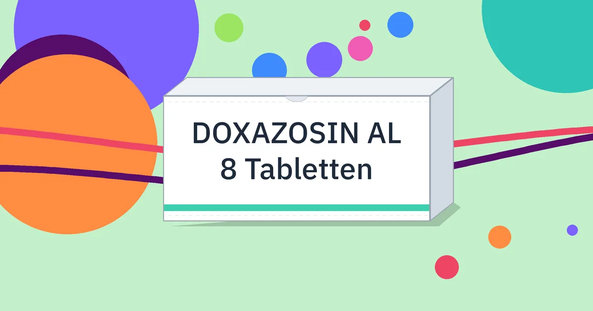 Symbolbild: Packung mit der Aufschrift DOXAZOSIN AL 8 Tabletten (PZN 02457293) – Verfügbarkeit und Bezug in Apotheken in Frankfurt am Main