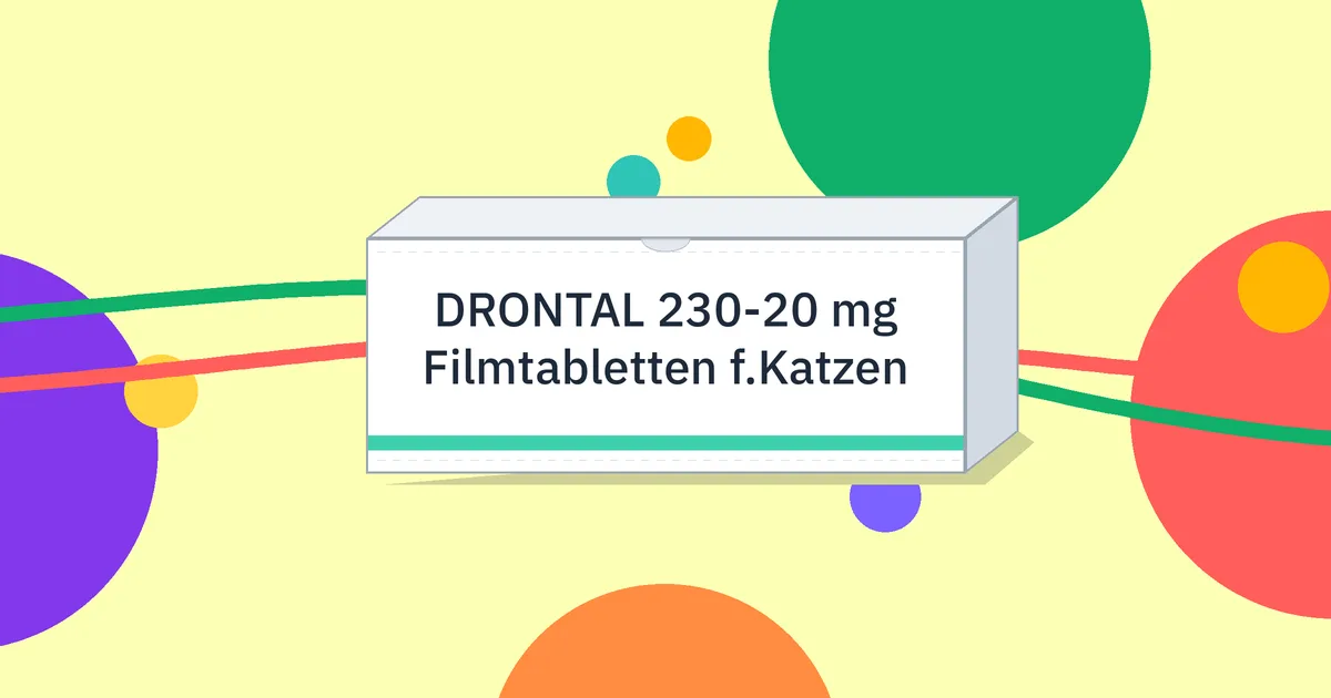 Symbolbild: Packung mit der Aufschrift DRONTAL 230-20 mg Filmtabletten f.Katzen (PZN 06882389) – Verfügbarkeit und Bezug in Apotheken in Frankfurt am Main