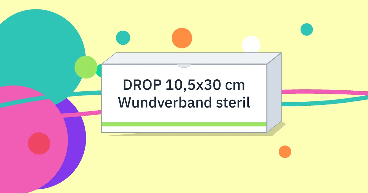 Symbolbild: Packung mit der Aufschrift DROP 10,5x30 cm Wundverband steril (PZN 03275329) – Verfügbarkeit und Bezug in Apotheken in Frankfurt am Main