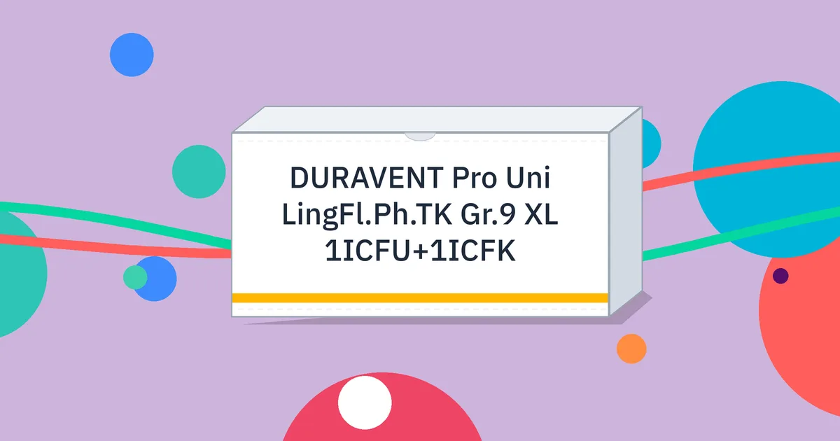 Symbolbild: Packung mit der Aufschrift DURAVENT Pro Uni LingFl.Ph.TK Gr.9 XL 1ICFU+1ICFK (PZN 19273114) – Verfügbarkeit und Bezug in Apotheken in Frankfurt am Main