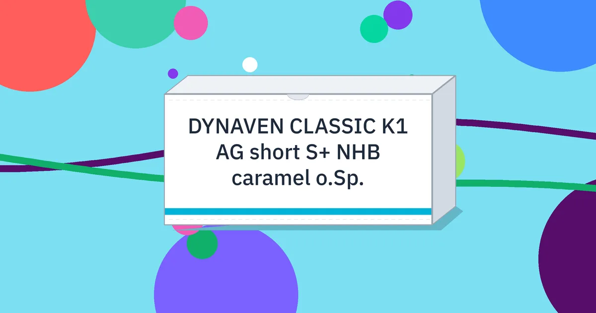 Symbolbild: Packung mit der Aufschrift DYNAVEN CLASSIC K1 AG short S+ NHB caramel o.Sp. (PZN 18415523) – Verfügbarkeit und Bezug in Apotheken in Frankfurt am Main