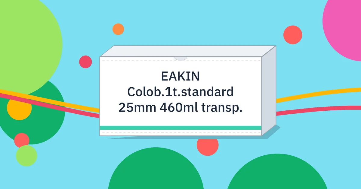 Symbolbild: Packung mit der Aufschrift EAKIN Colob.1t.standard 25mm 460ml transp. (PZN 09642355) – Verfügbarkeit und Bezug in Apotheken in Frankfurt am Main