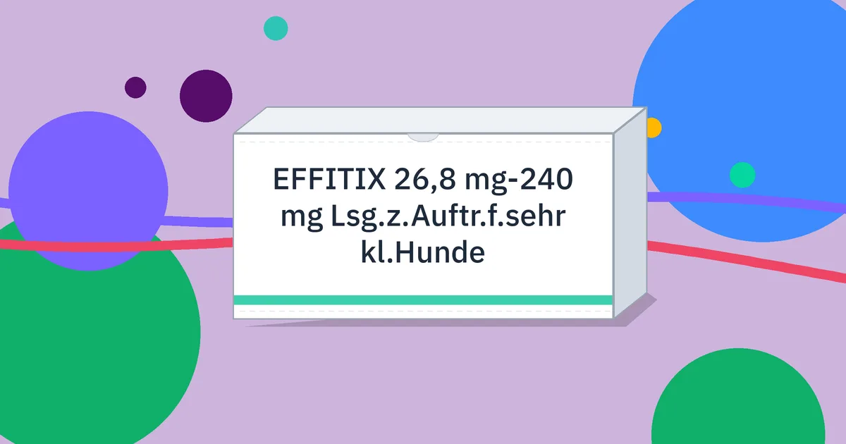 Symbolbild: Packung mit der Aufschrift EFFITIX 26,8 mg-240 mg Lsg.z.Auftr.f.sehr kl.Hunde (PZN 11149389) – Verfügbarkeit und Bezug in Apotheken in Frankfurt am Main