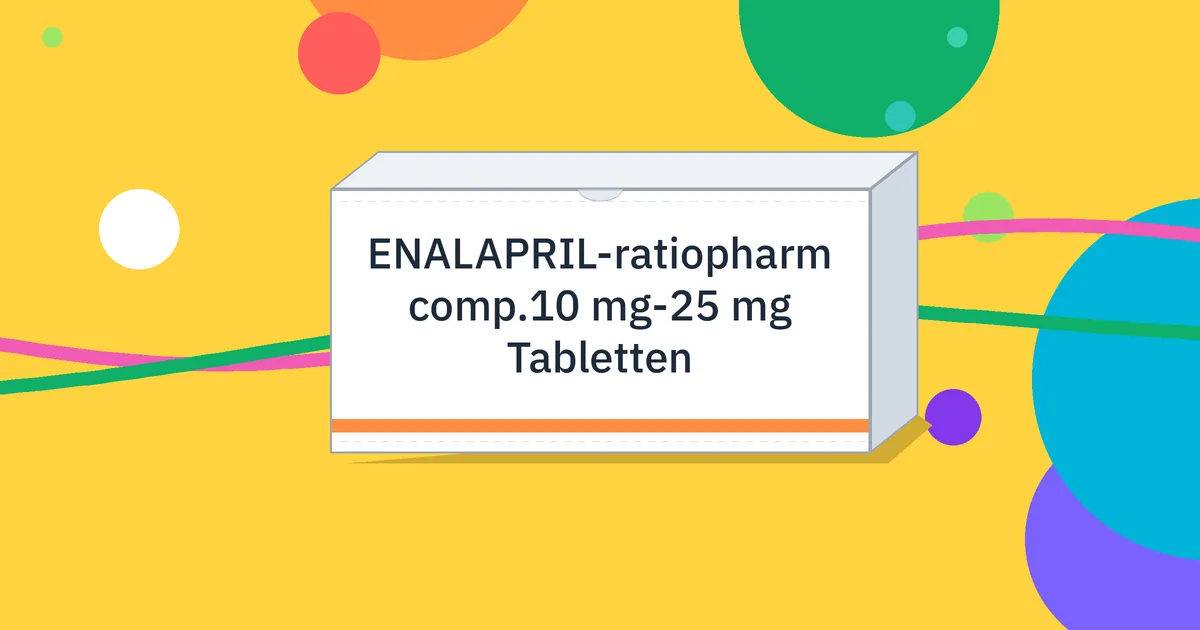 Symbolbild: Packung mit der Aufschrift ENALAPRIL-ratiopharm comp.10 mg-25 mg Tabletten (PZN 02752282) – Verfügbarkeit und Bezug in Apotheken in Frankfurt am Main