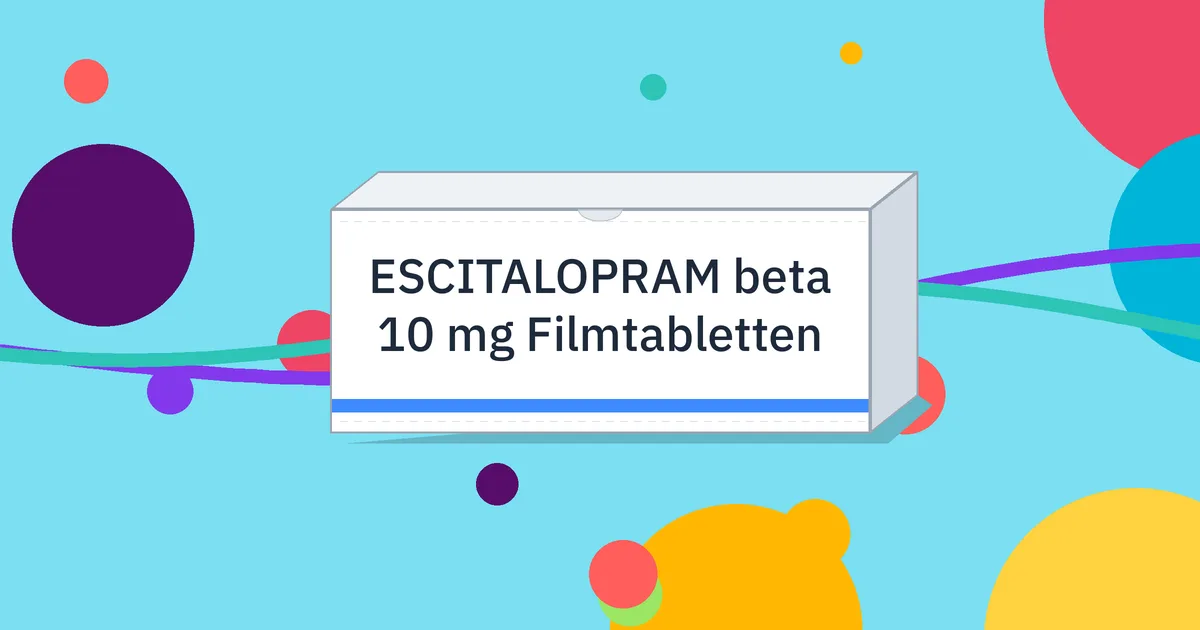 Symbolbild: Packung mit der Aufschrift ESCITALOPRAM beta 10 mg Filmtabletten (PZN 06681679) – Verfügbarkeit und Bezug in Apotheken in Frankfurt am Main