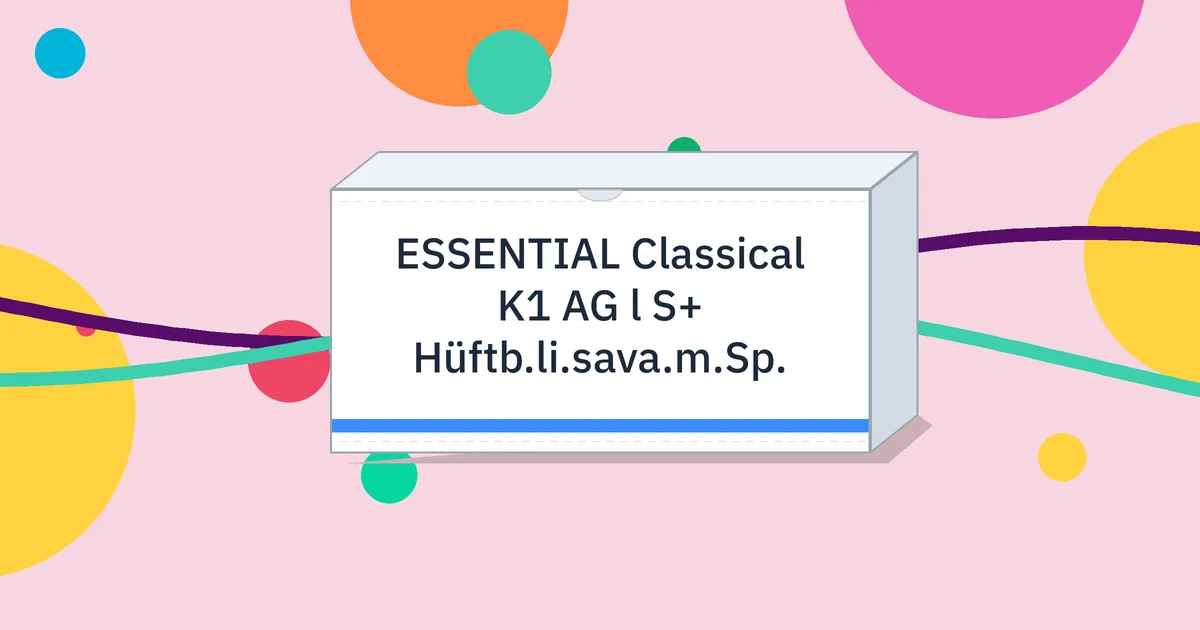 Symbolbild: Packung mit der Aufschrift ESSENTIAL Classical K1 AG l S+ Hüftb.li.sava.m.Sp. (PZN 17012757) – Verfügbarkeit und Bezug in Apotheken in Frankfurt am Main