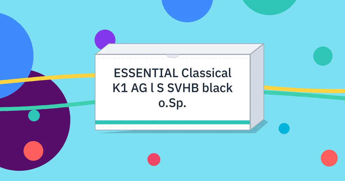 Symbolbild: Packung mit der Aufschrift ESSENTIAL Classical K1 AG l S SVHB black o.Sp. (PZN 18420493) – Verfügbarkeit und Bezug in Apotheken in Frankfurt am Main