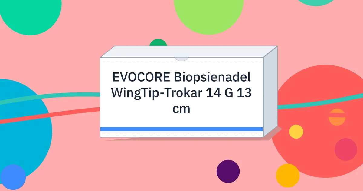 Symbolbild: Packung mit der Aufschrift EVOCORE Biopsienadel WingTip-Trokar 14 G 13 cm (PZN 11655419) – Verfügbarkeit und Bezug in Apotheken in Frankfurt am Main