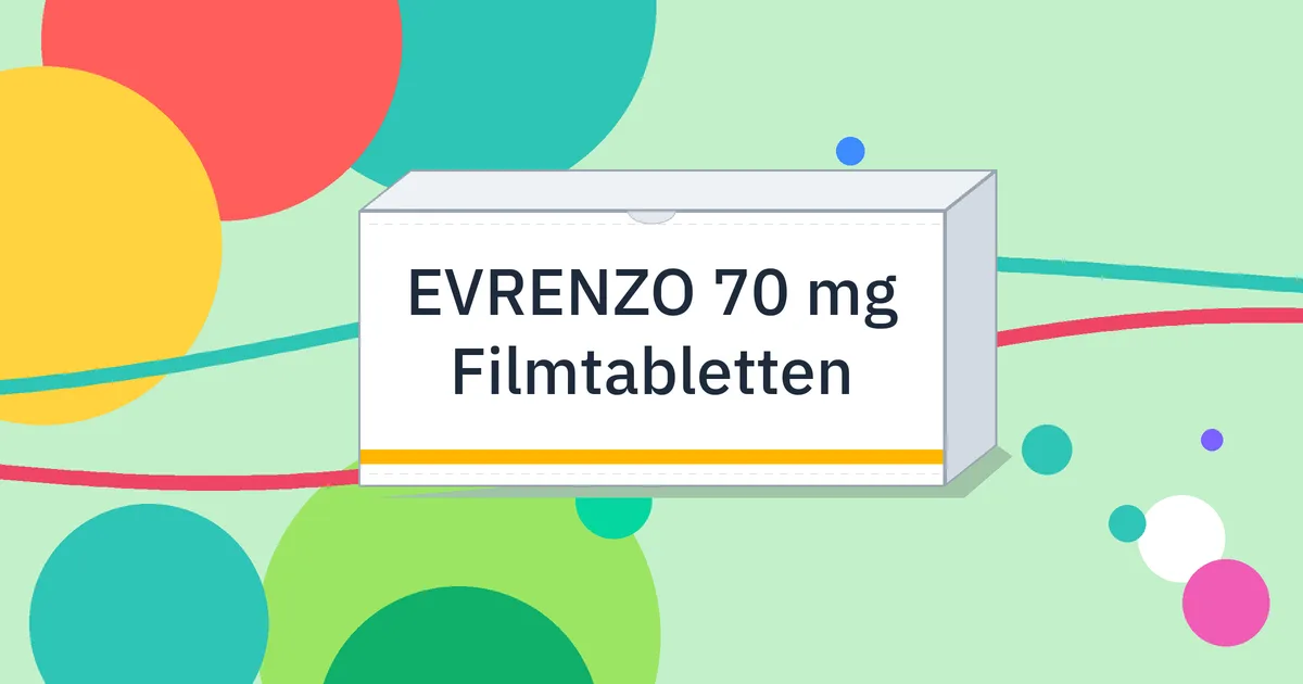 Symbolbild: Packung mit der Aufschrift EVRENZO 70 mg Filmtabletten (PZN 18496220) – Verfügbarkeit und Bezug in Apotheken in Frankfurt am Main