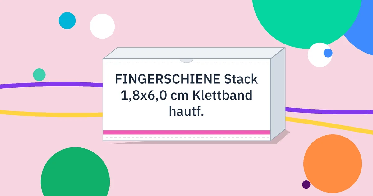Symbolbild: Packung mit der Aufschrift FINGERSCHIENE Stack 1,8x6,0 cm Klettband hautf. (PZN 12432584) – Verfügbarkeit und Bezug in Apotheken in Frankfurt am Main