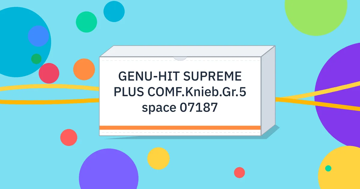 Symbolbild: Packung mit der Aufschrift GENU-HIT SUPREME PLUS COMF.Knieb.Gr.5 space 07187 (PZN 20095801) – Verfügbarkeit und Bezug in Apotheken in Frankfurt am Main