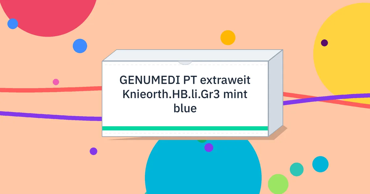 Symbolbild: Packung mit der Aufschrift GENUMEDI PT extraweit Knieorth.HB.li.Gr3 mint blue (PZN 17982645) – Verfügbarkeit und Bezug in Apotheken in Frankfurt am Main