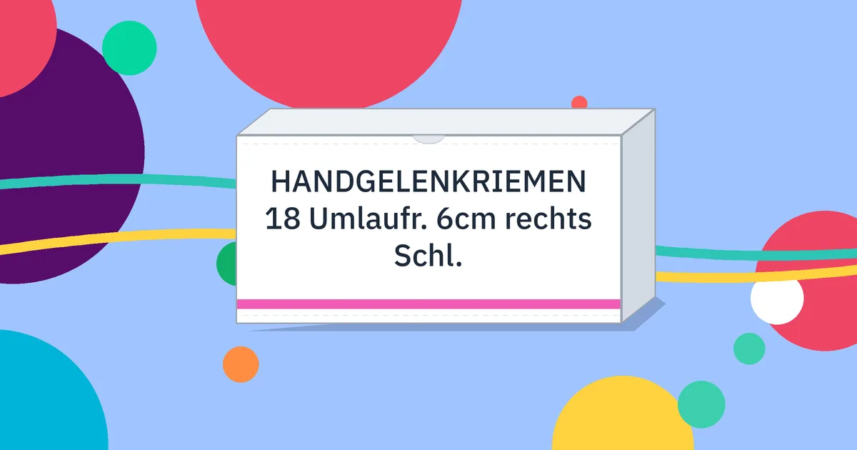Symbolbild: Packung mit der Aufschrift HANDGELENKRIEMEN 18 Umlaufr. 6cm rechts Schl. (PZN 01962882) – Verfügbarkeit und Bezug in Apotheken in Frankfurt am Main