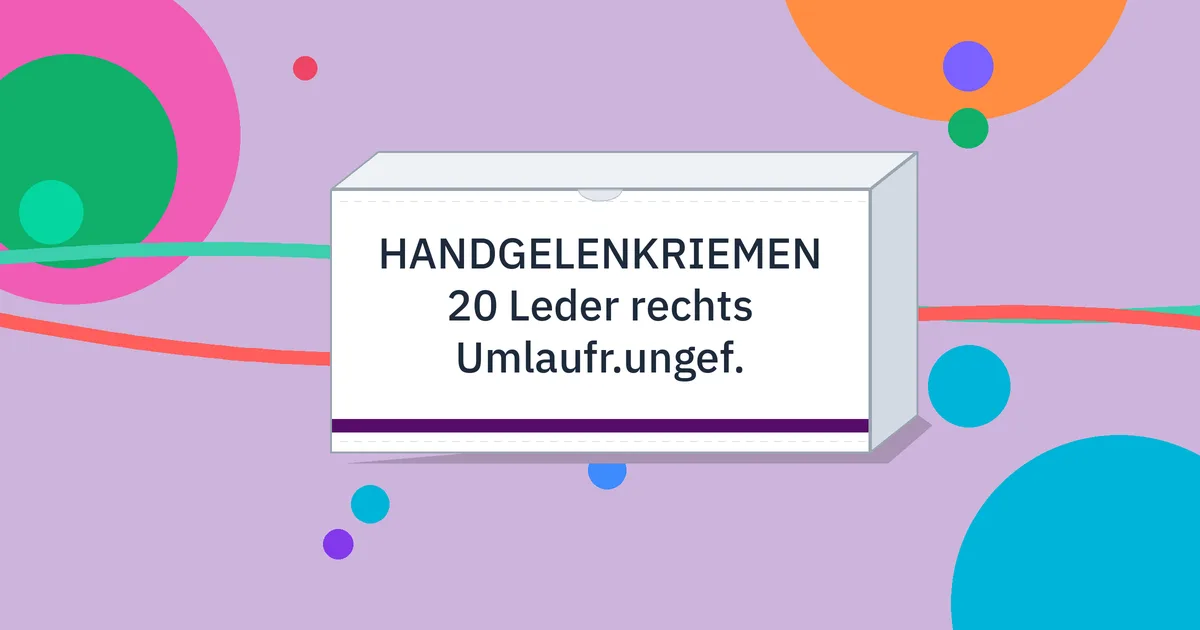 Symbolbild: Packung mit der Aufschrift HANDGELENKRIEMEN 20 Leder rechts Umlaufr.ungef. (PZN 03230522) – Verfügbarkeit und Bezug in Apotheken in Frankfurt am Main