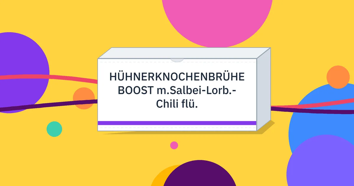 Symbolbild: Packung mit der Aufschrift HÜHNERKNOCHENBRÜHE BOOST m.Salbei-Lorb.-Chili flü. (PZN 13834793) – Verfügbarkeit und Bezug in Apotheken in Frankfurt am Main
