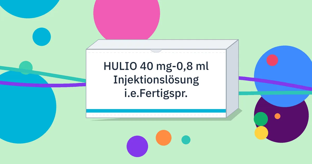 Symbolbild: Packung mit der Aufschrift HULIO 40 mg-0,8 ml Injektionslösung i.e.Fertigspr. (PZN 15617137) – Verfügbarkeit und Bezug in Apotheken in Frankfurt am Main