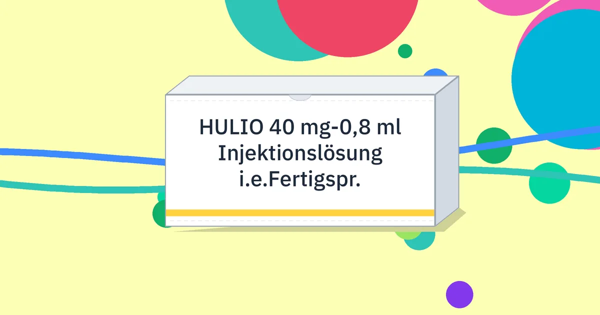 Symbolbild: Packung mit der Aufschrift HULIO 40 mg-0,8 ml Injektionslösung i.e.Fertigspr. (PZN 16801423) – Verfügbarkeit und Bezug in Apotheken in Frankfurt am Main