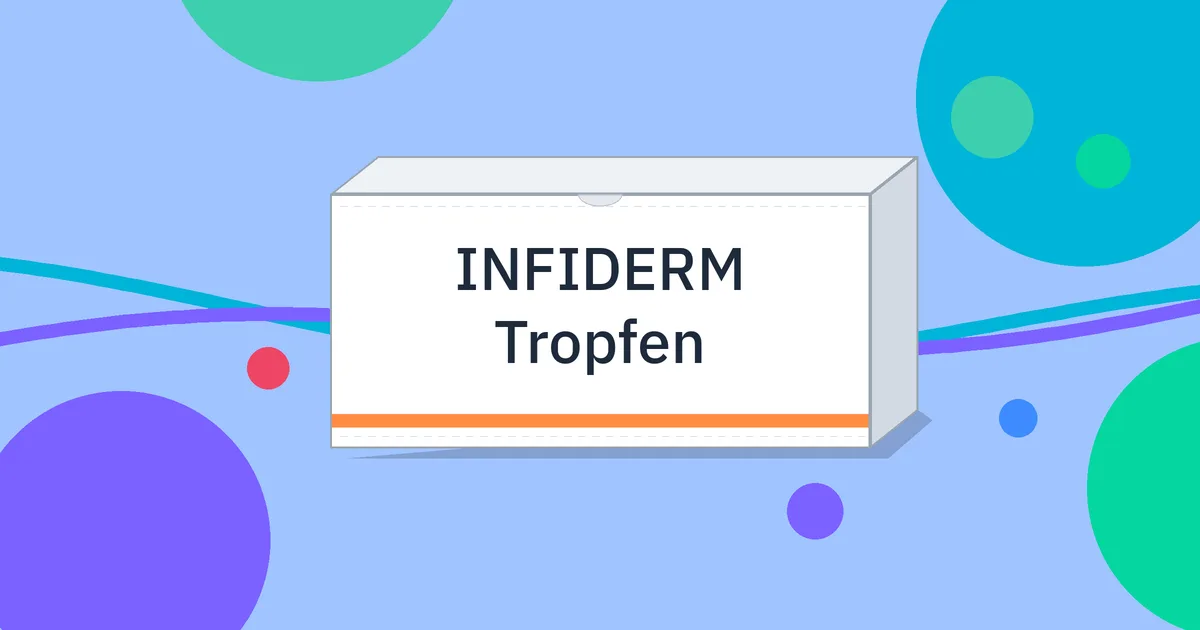 Symbolbild: Packung mit der Aufschrift INFIDERM Tropfen (PZN 06686501) – Verfügbarkeit und Bezug in Apotheken in Frankfurt am Main