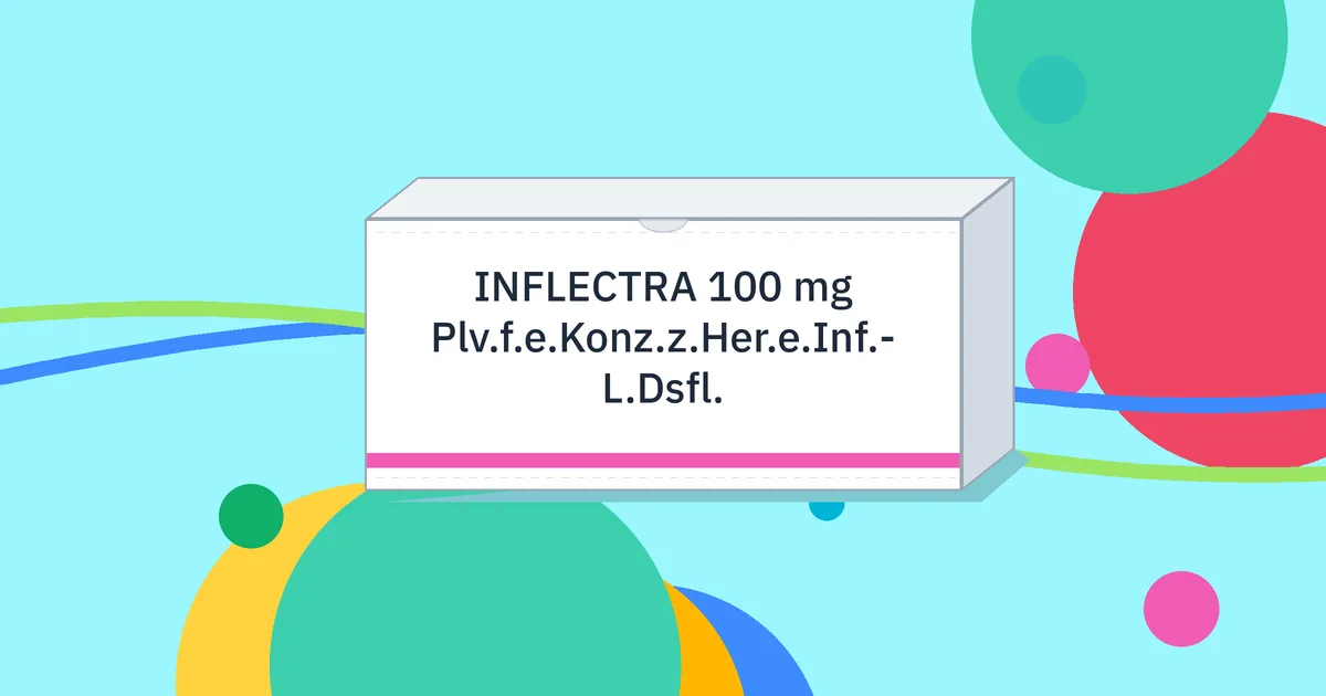 Symbolbild: Packung mit der Aufschrift INFLECTRA 100 mg Plv.f.e.Konz.z.Her.e.Inf.-L.Dsfl. (PZN 11144179) – Verfügbarkeit und Bezug in Apotheken in Frankfurt am Main