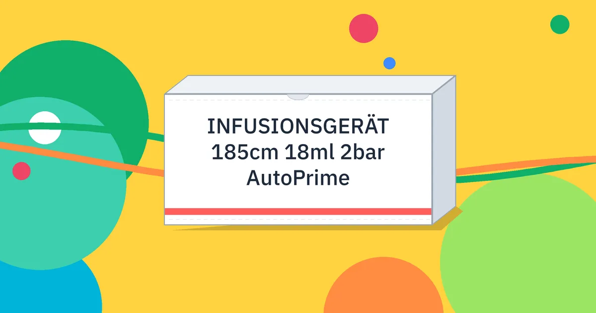Symbolbild: Packung mit der Aufschrift INFUSIONSGERÄT 185cm 18ml 2bar AutoPrime (PZN 18469252) – Verfügbarkeit und Bezug in Apotheken in Frankfurt am Main