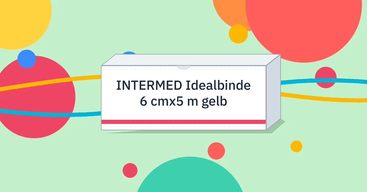 Symbolbild: Packung mit der Aufschrift INTERMED Idealbinde 6 cmx5 m gelb (PZN 02549859) – Verfügbarkeit und Bezug in Apotheken in Frankfurt am Main