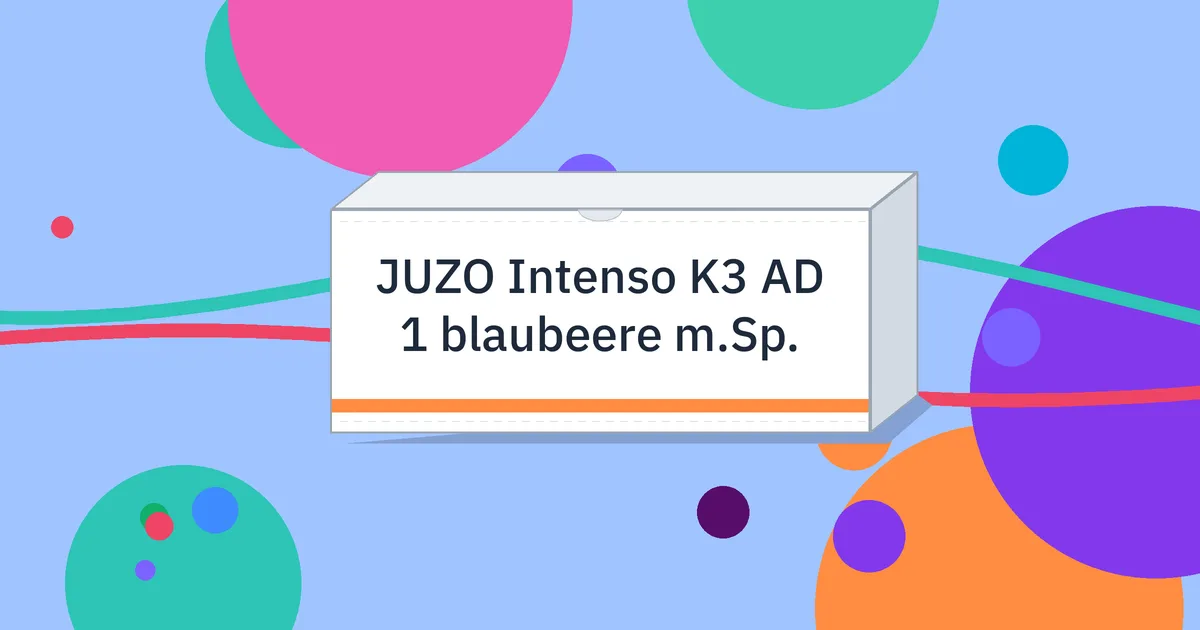 Symbolbild: Packung mit der Aufschrift JUZO Intenso K3 AD 1 blaubeere m.Sp. (PZN 18627426) – Verfügbarkeit und Bezug in Apotheken in Frankfurt am Main