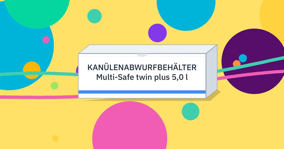 Symbolbild: Packung mit der Aufschrift KANÜLENABWURFBEHÄLTER Multi-Safe twin plus 5,0 l (PZN 18197084) – Verfügbarkeit und Bezug in Apotheken in Frankfurt am Main