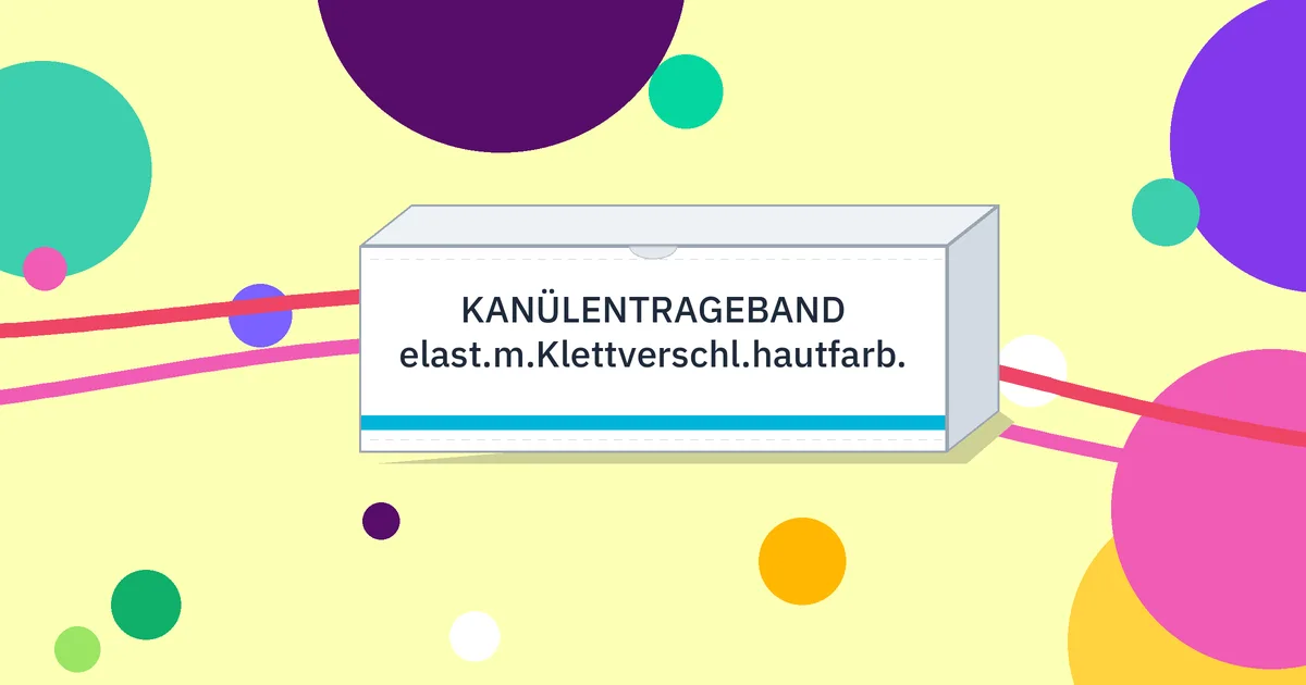 Symbolbild: Packung mit der Aufschrift KANÜLENTRAGEBAND elast.m.Klettverschl.hautfarb. (PZN 00697952) – Verfügbarkeit und Bezug in Apotheken in Frankfurt am Main