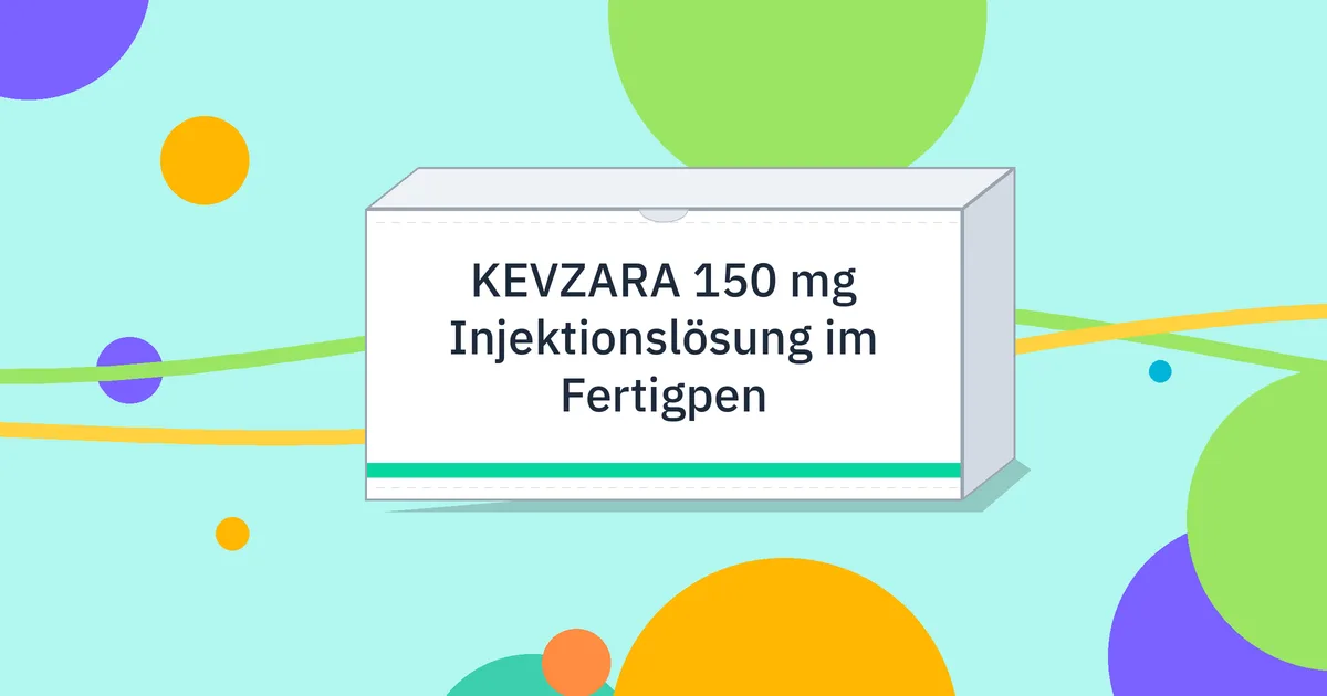 Symbolbild: Packung mit der Aufschrift KEVZARA 150 mg Injektionslösung im Fertigpen (PZN 18202678) – Verfügbarkeit und Bezug in Apotheken in Frankfurt am Main