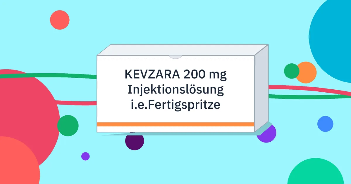 Symbolbild: Packung mit der Aufschrift KEVZARA 200 mg Injektionslösung i.e.Fertigspritze (PZN 16581660) – Verfügbarkeit und Bezug in Apotheken in Frankfurt am Main