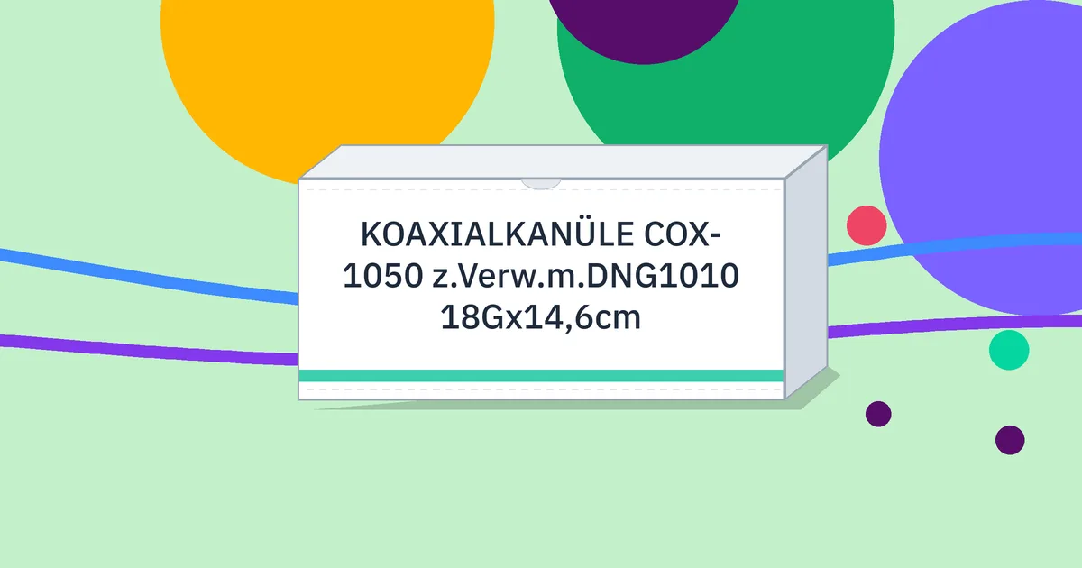 Symbolbild: Packung mit der Aufschrift KOAXIALKANÜLE COX-1050 z.Verw.m.DNG1010 18Gx14,6cm (PZN 00283920) – Verfügbarkeit und Bezug in Apotheken in Frankfurt am Main