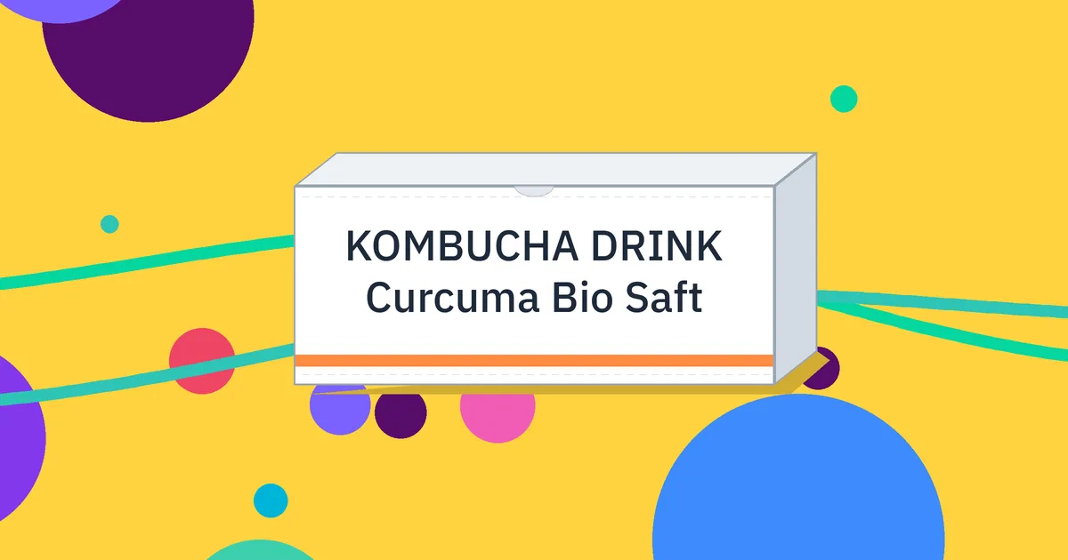 Symbolbild: Packung mit der Aufschrift KOMBUCHA DRINK Curcuma Bio Saft (PZN 18412128) – Verfügbarkeit und Bezug in Apotheken in Frankfurt am Main