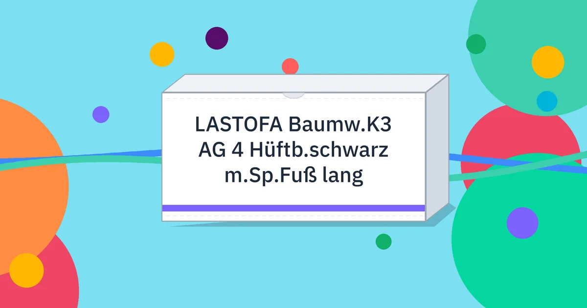 Symbolbild: Packung mit der Aufschrift LASTOFA Baumw.K3 AG 4 Hüftb.schwarz m.Sp.Fuß lang (PZN 01956249) – Verfügbarkeit und Bezug in Apotheken in Frankfurt am Main