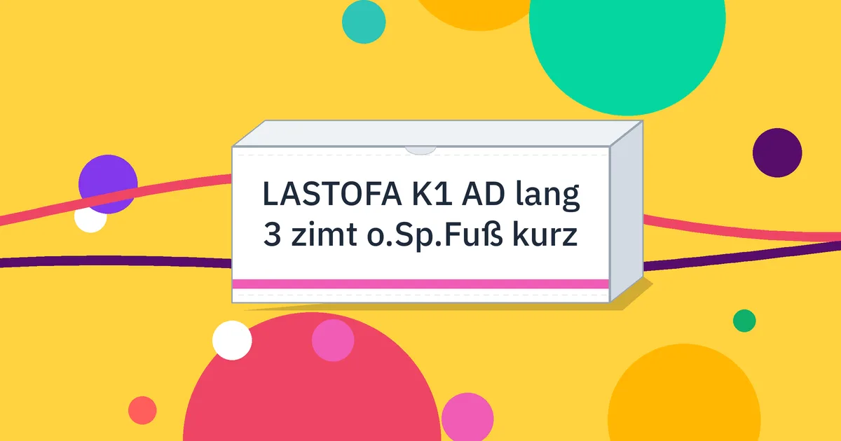 Symbolbild: Packung mit der Aufschrift LASTOFA K1 AD lang 3 zimt o.Sp.Fuß kurz (PZN 13786982) – Verfügbarkeit und Bezug in Apotheken in Frankfurt am Main