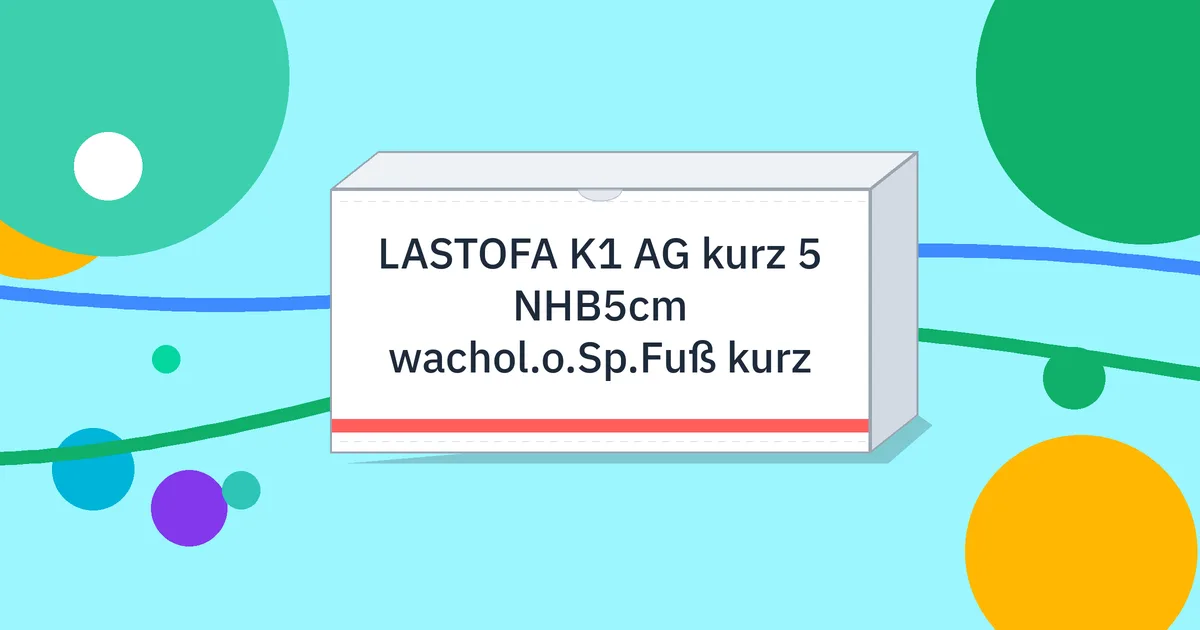Symbolbild: Packung mit der Aufschrift LASTOFA K1 AG kurz 5 NHB5cm wachol.o.Sp.Fuß kurz (PZN 13793373) – Verfügbarkeit und Bezug in Apotheken in Frankfurt am Main