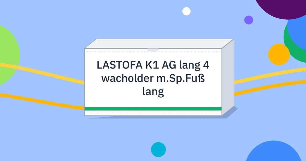 Symbolbild: Packung mit der Aufschrift LASTOFA K1 AG lang 4 wacholder m.Sp.Fuß lang (PZN 13792149) – Verfügbarkeit und Bezug in Apotheken in Frankfurt am Main