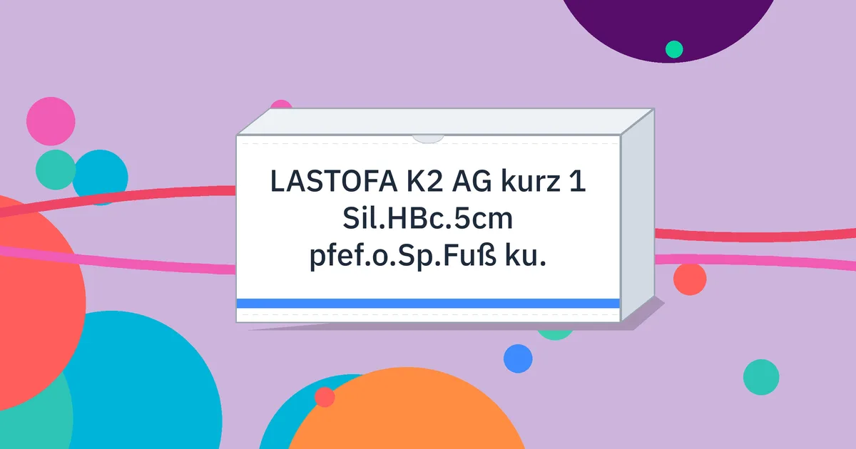 Symbolbild: Packung mit der Aufschrift LASTOFA K2 AG kurz 1 Sil.HBc.5cm pfef.o.Sp.Fuß ku. (PZN 13802669) – Verfügbarkeit und Bezug in Apotheken in Frankfurt am Main