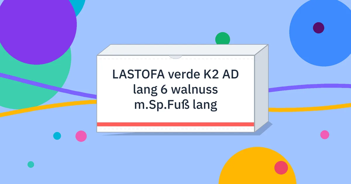 Symbolbild: Packung mit der Aufschrift LASTOFA verde K2 AD lang 6 walnuss m.Sp.Fuß lang (PZN 16721871) – Verfügbarkeit und Bezug in Apotheken in Frankfurt am Main
