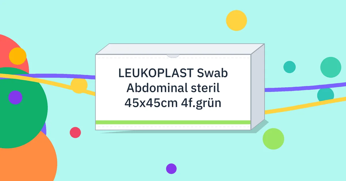 Symbolbild: Packung mit der Aufschrift LEUKOPLAST Swab Abdominal steril 45x45cm 4f.grün (PZN 17208035) – Verfügbarkeit und Bezug in Apotheken in Frankfurt am Main