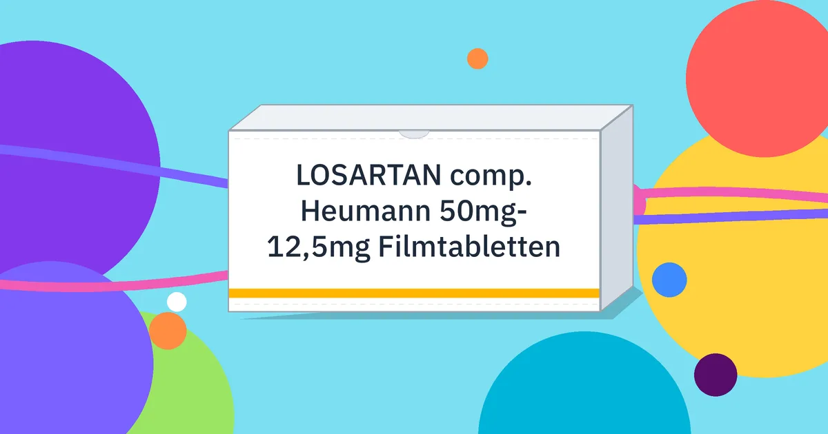 Symbolbild: Packung mit der Aufschrift LOSARTAN comp. Heumann 50mg-12,5mg Filmtabletten (PZN 06142066) – Verfügbarkeit und Bezug in Apotheken in Frankfurt am Main