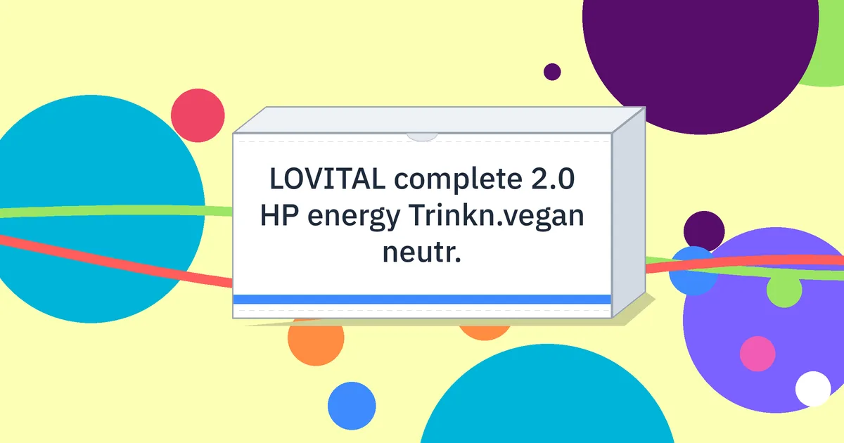 Symbolbild: Packung mit der Aufschrift LOVITAL complete 2.0 HP energy Trinkn.vegan neutr. (PZN 18360590) – Verfügbarkeit und Bezug in Apotheken in Frankfurt am Main