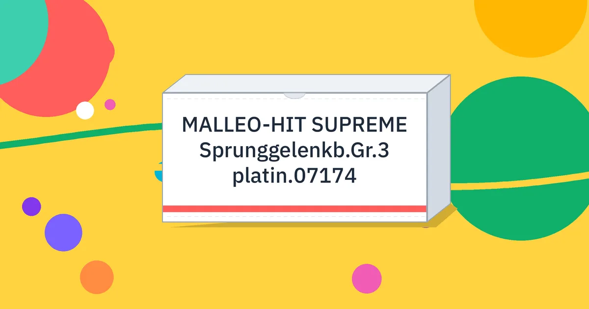 Symbolbild: Packung mit der Aufschrift MALLEO-HIT SUPREME Sprunggelenkb.Gr.3 platin.07174 (PZN 15200615) – Verfügbarkeit und Bezug in Apotheken in Frankfurt am Main