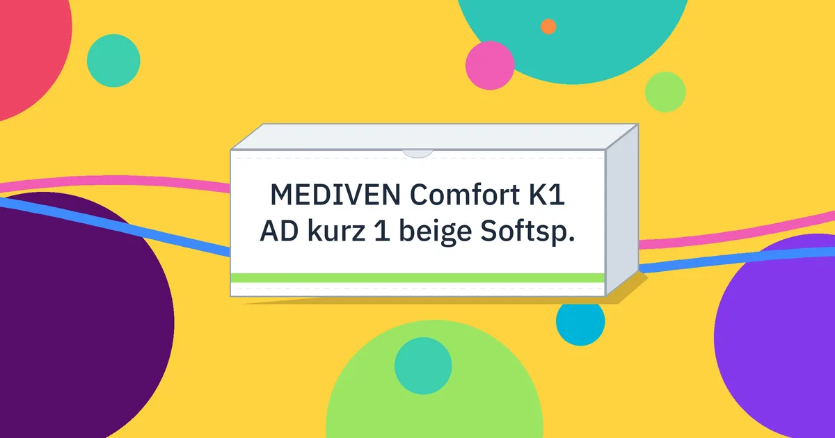 Symbolbild: Packung mit der Aufschrift MEDIVEN Comfort K1 AD kurz 1 beige Softsp. (PZN 14563333) – Verfügbarkeit und Bezug in Apotheken in Frankfurt am Main