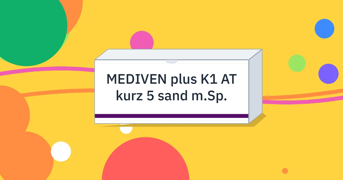 Symbolbild: Packung mit der Aufschrift MEDIVEN plus K1 AT kurz 5 sand m.Sp. (PZN 18932135) – Verfügbarkeit und Bezug in Apotheken in Frankfurt am Main